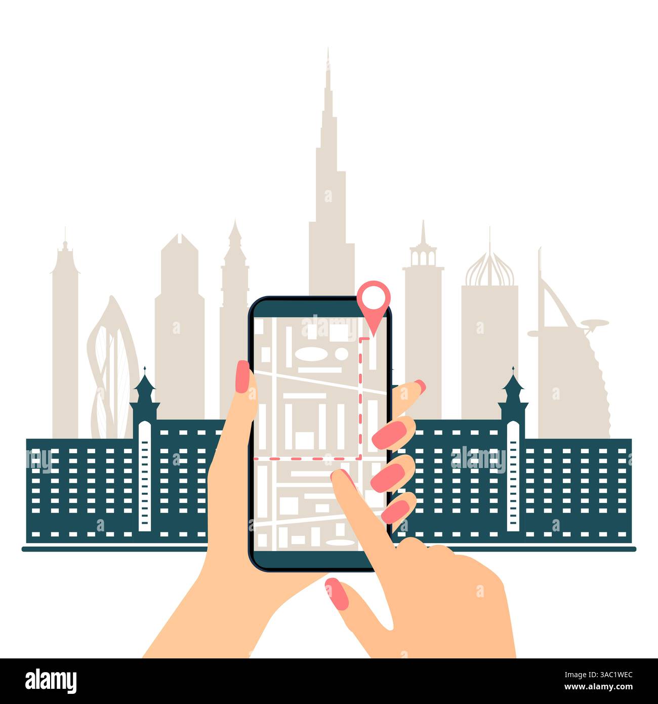 Vector illustration Walk around city. Navigation. Hands holding cell phone, plotting moving ...