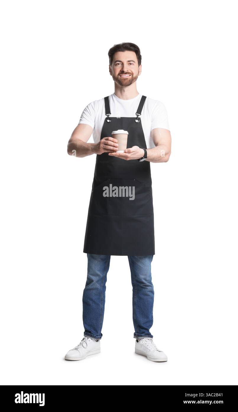 Smiling barista with paper takeaway cup of hot drink on white ...