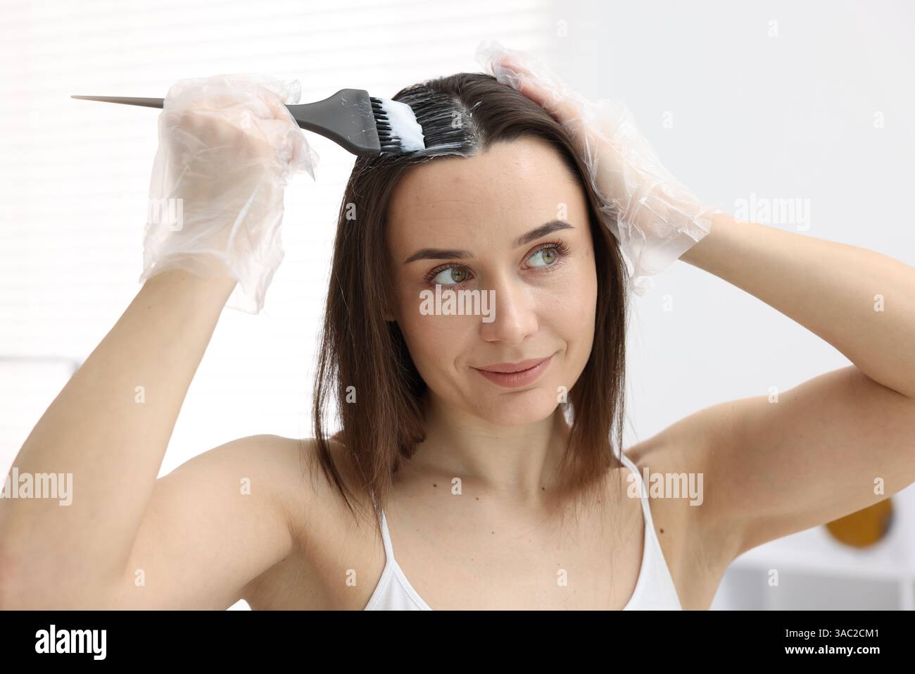 Brunette woman coloring hair home hi-res stock photography and images ...