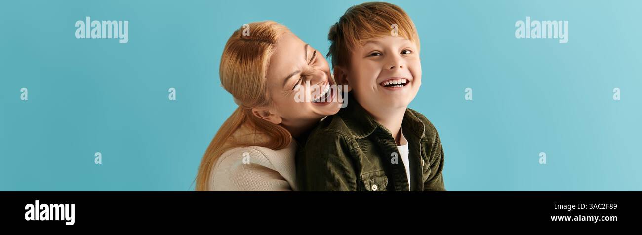 A woman embraces her son with laughter, radiating love and joy in a ...