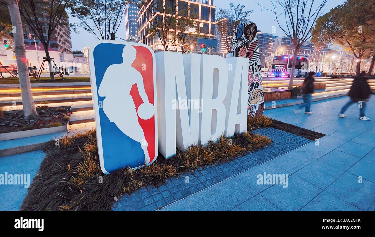 The NBA LOGO is seen at the Xuhui Binjiang Basketball Court in Shanghai ...