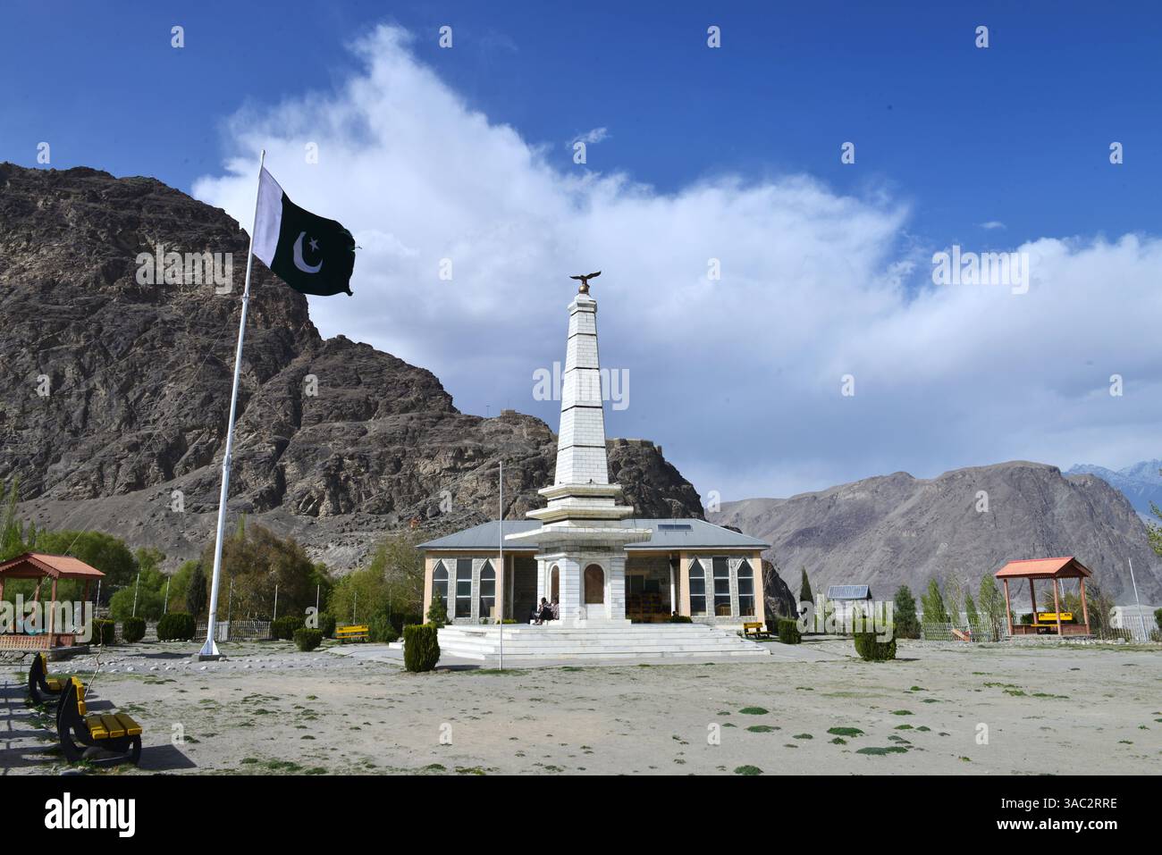 Martyrs Monument complex and national flag, located in Skardu Stock ...