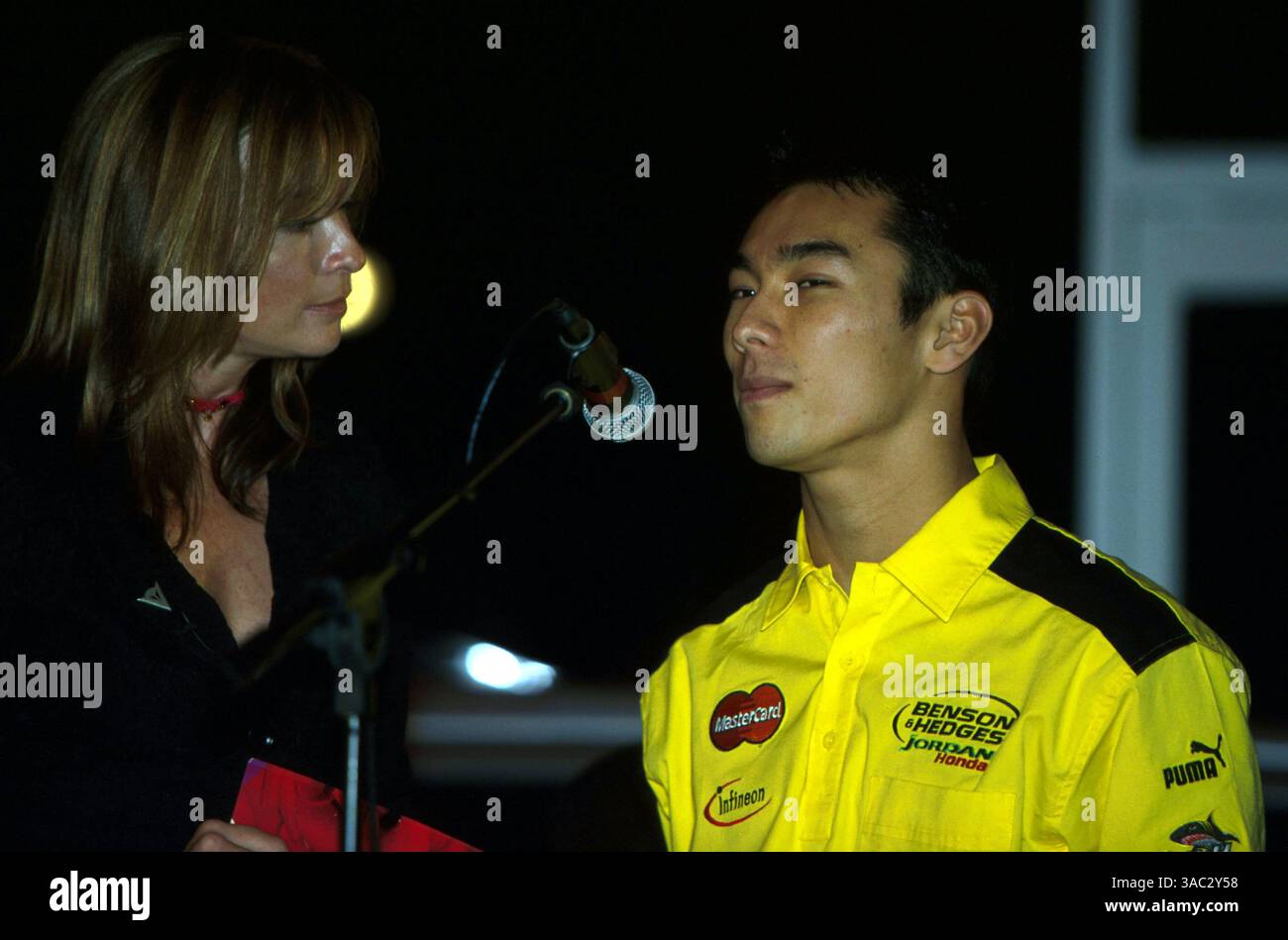 Takuma Sato (JPN) on stage with Superbike TV presenter Suzi Perry (GBR ...