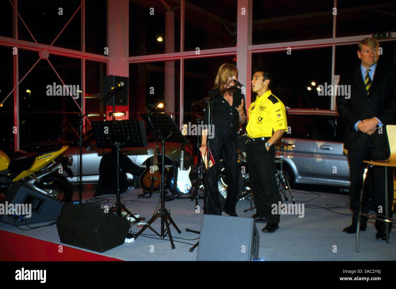 Takuma Sato (JPN) on stage with Superbike TV presenter Suzi Perry (GBR ...