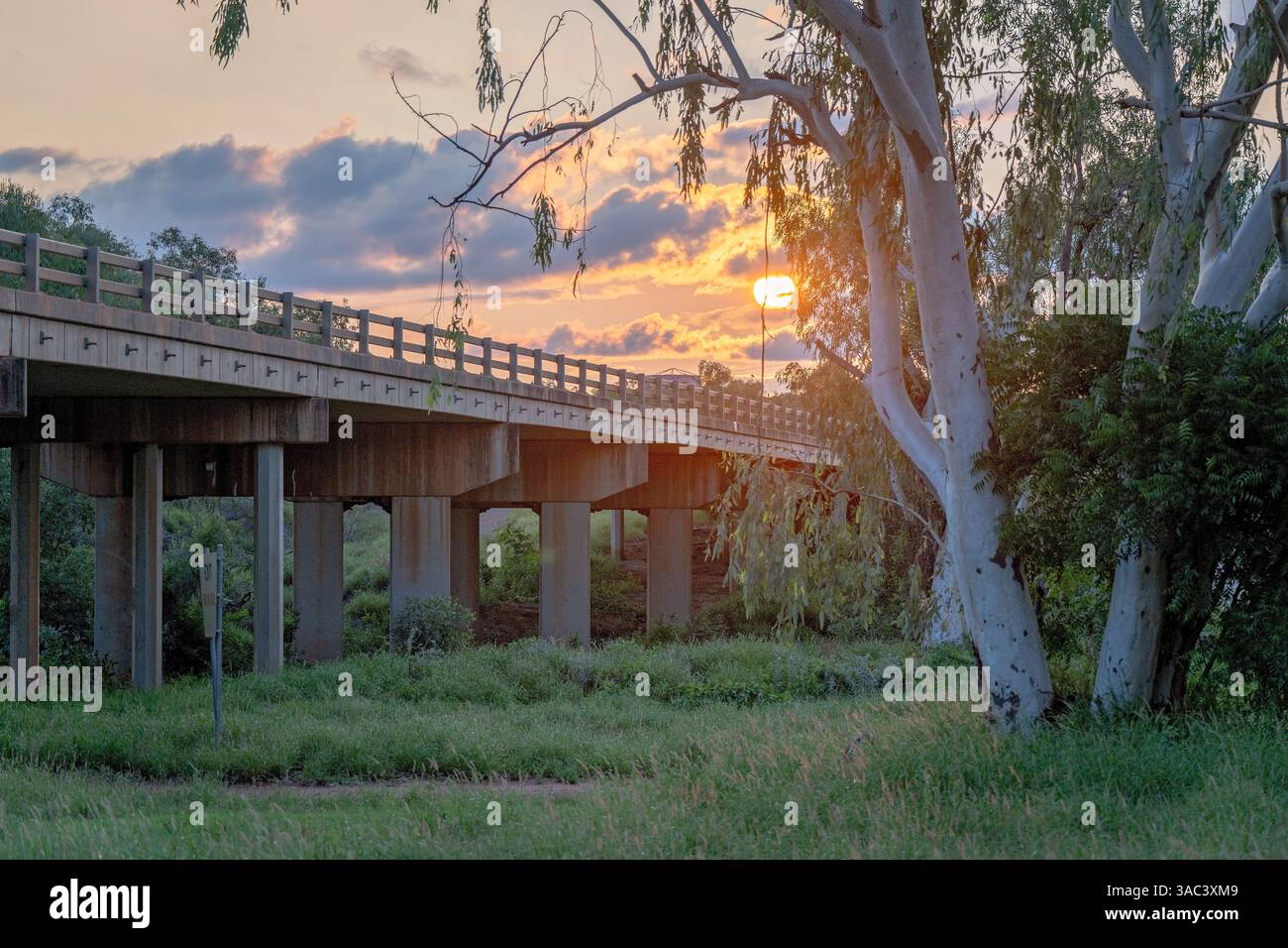 Cloncurry Queensland Australia, sunset over river bridge, outback ...