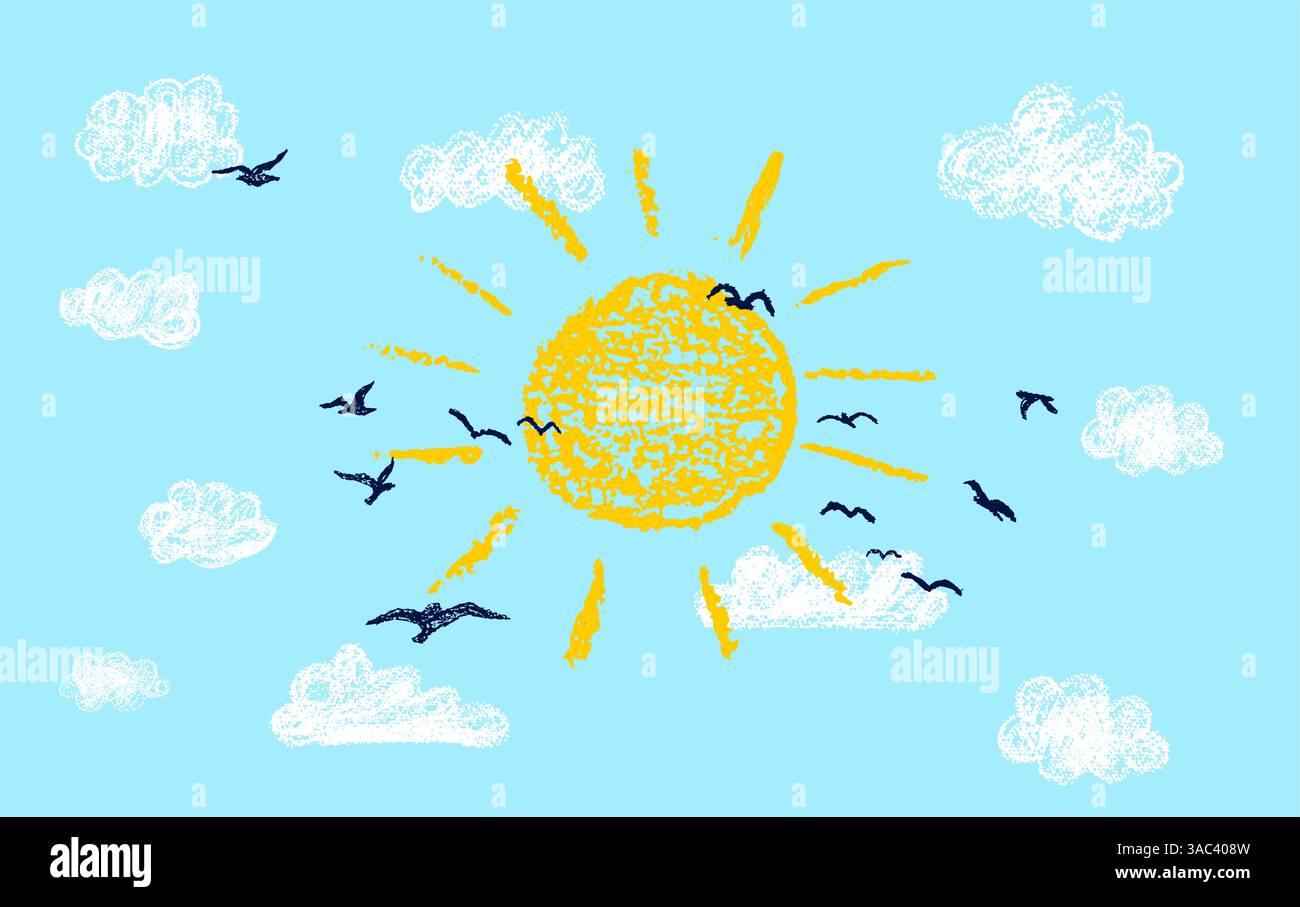 Bright sun with rays. Sunny sky and silhouette of a flock of birds ...