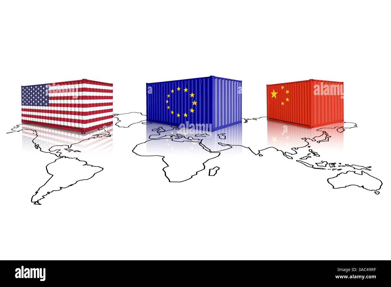 Trade containers made from USA, EU and China flags on a world map ...