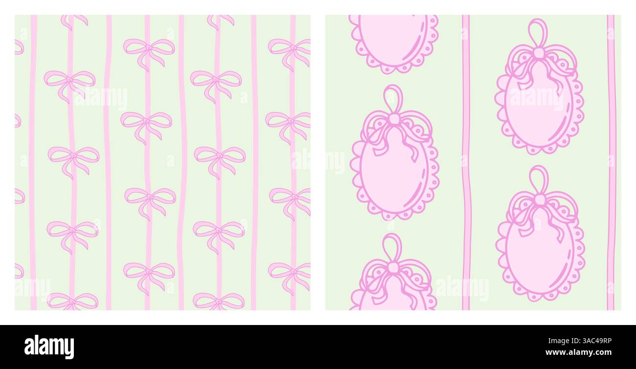 Hand-drawn whimsical Coquette Pattern set. Pink Antique Medallion and ...