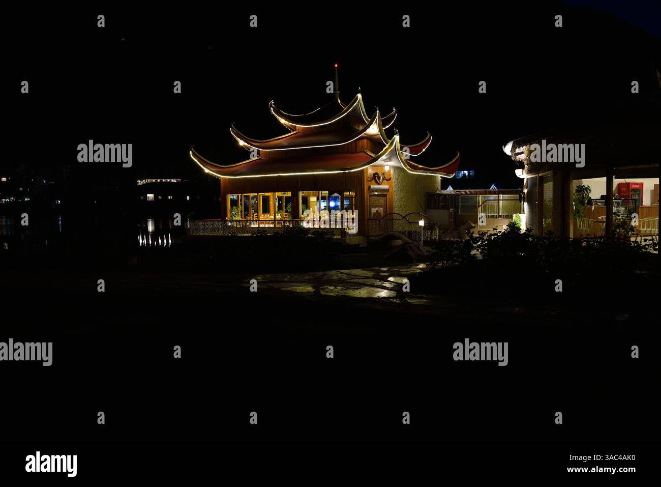 An up close image of Pagoda restaurant, located within the iconic ...