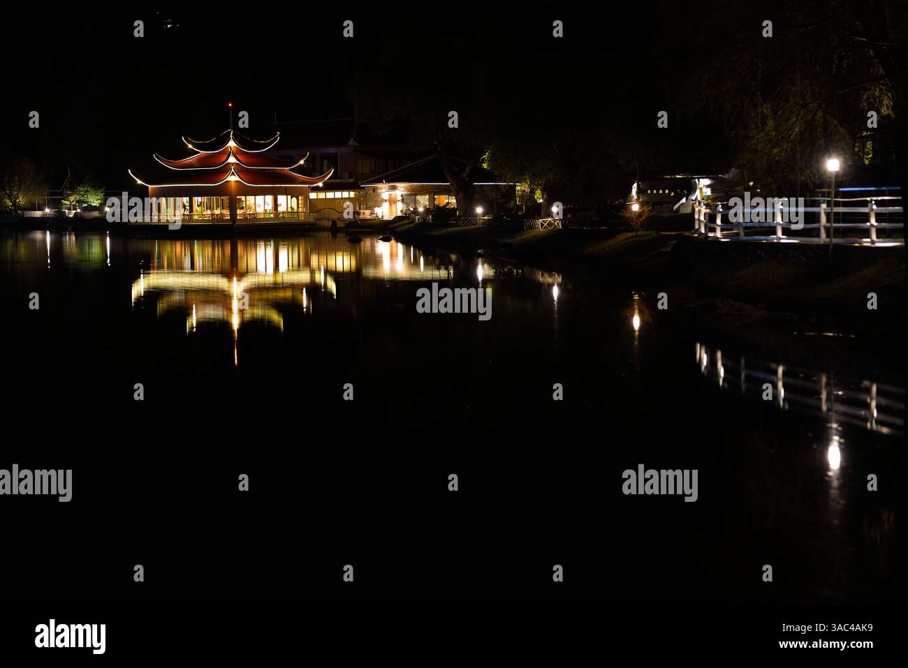 A closeup of Shangrila Resort and its illuminated Pagoda restaurant at ...