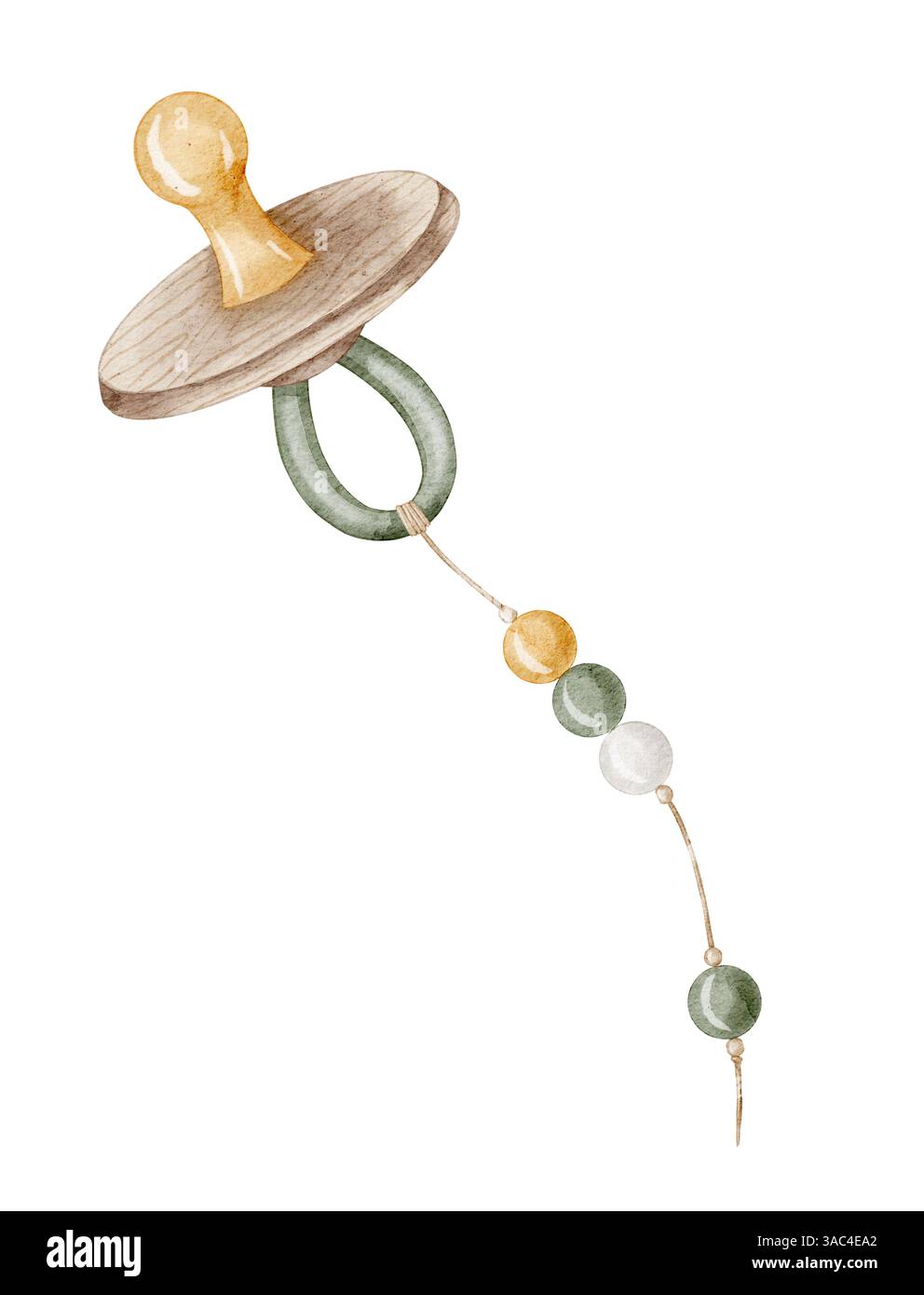 Watercolor illustration of a Baby Pacifier with a wooden handle and ...
