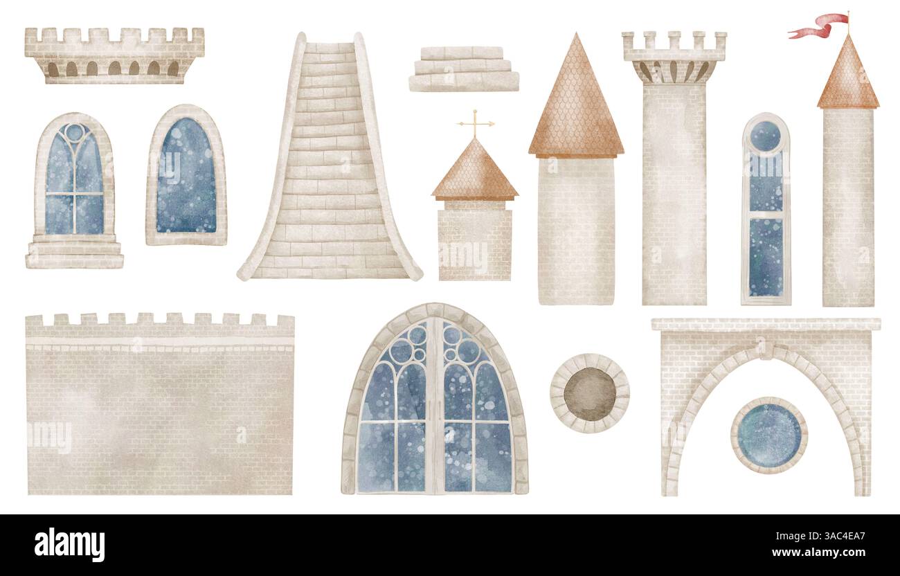Illustration of watercolor Castle elements including towers, walls ...