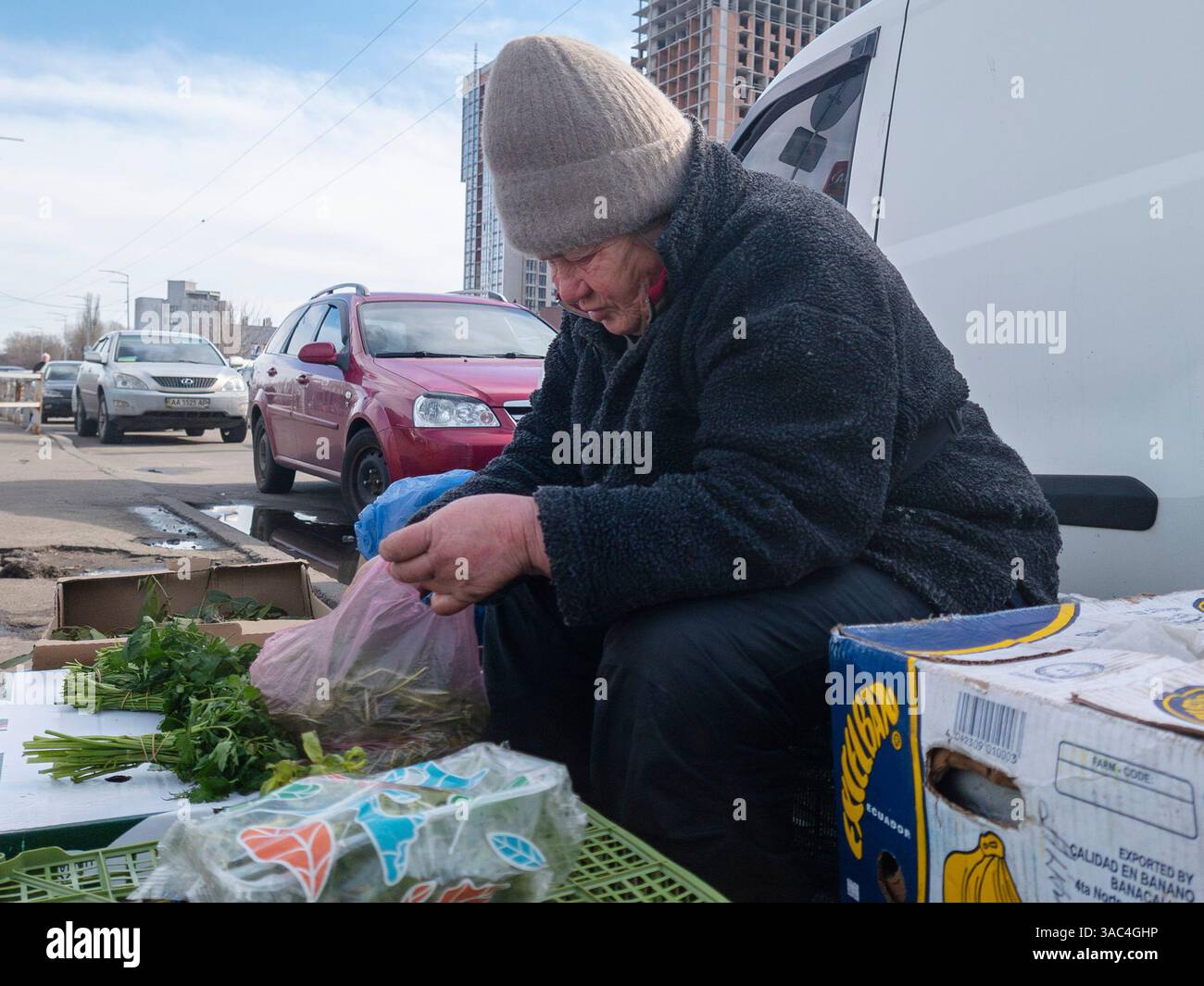Kyiv, Ukraine - 2nd April, 2025: At the Lisova street market, a vendor ...
