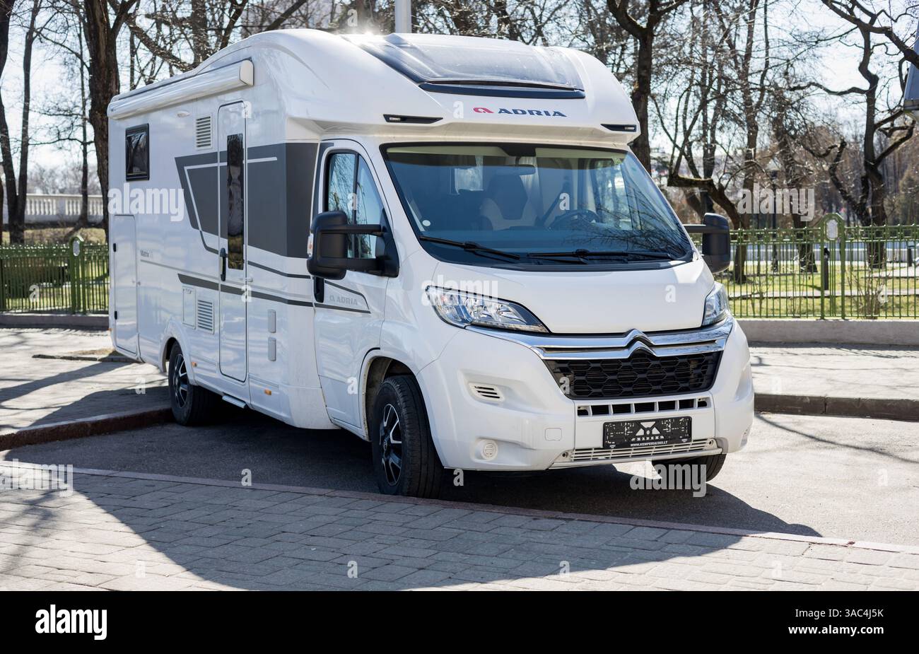 Minsk, Belarus, April 3, 2025 - Front view white car camper Citroen ...