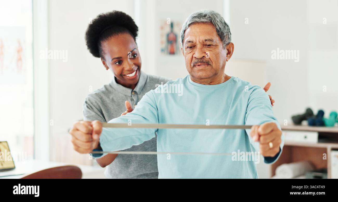 Resistance band, physical therapy and mature man in clinic for ...