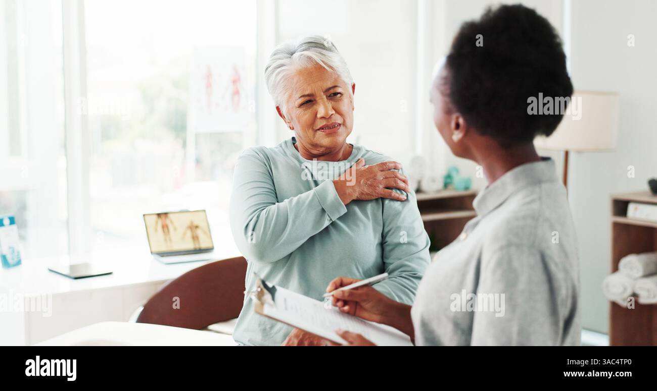 Shoulder pain, physiotherapy and mature woman for consultation with ...