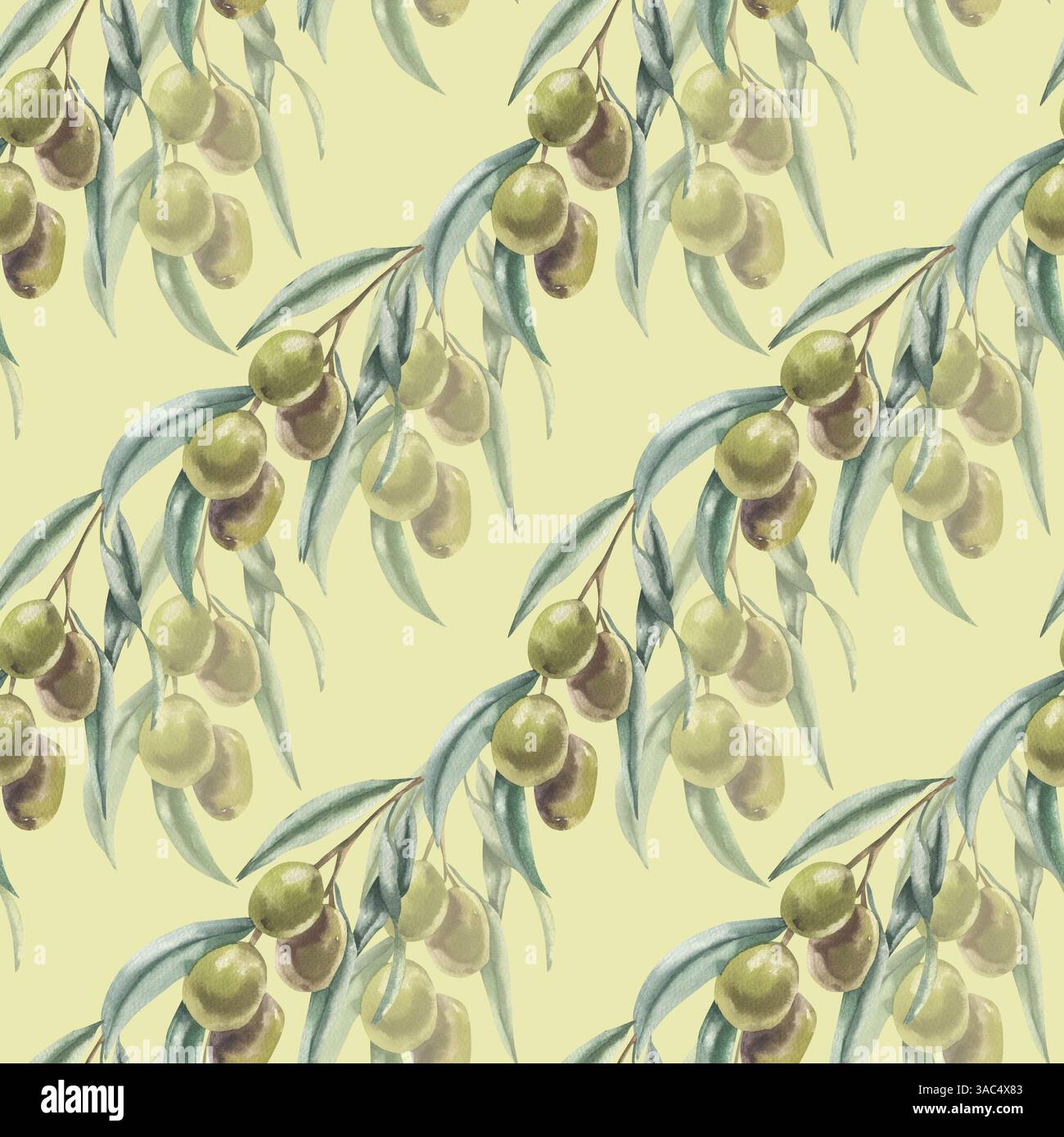 Greek tree with green fruits watercolor seamless pattern on green.Hand ...