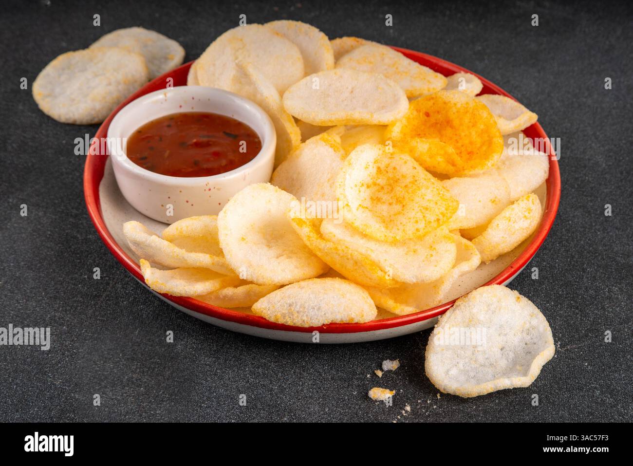 Crispy airy rice shrimp chips. Fragrant prawn crackers with sauce ...