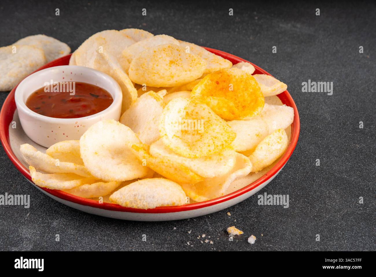 Crispy airy rice shrimp chips. Fragrant prawn crackers with sauce ...