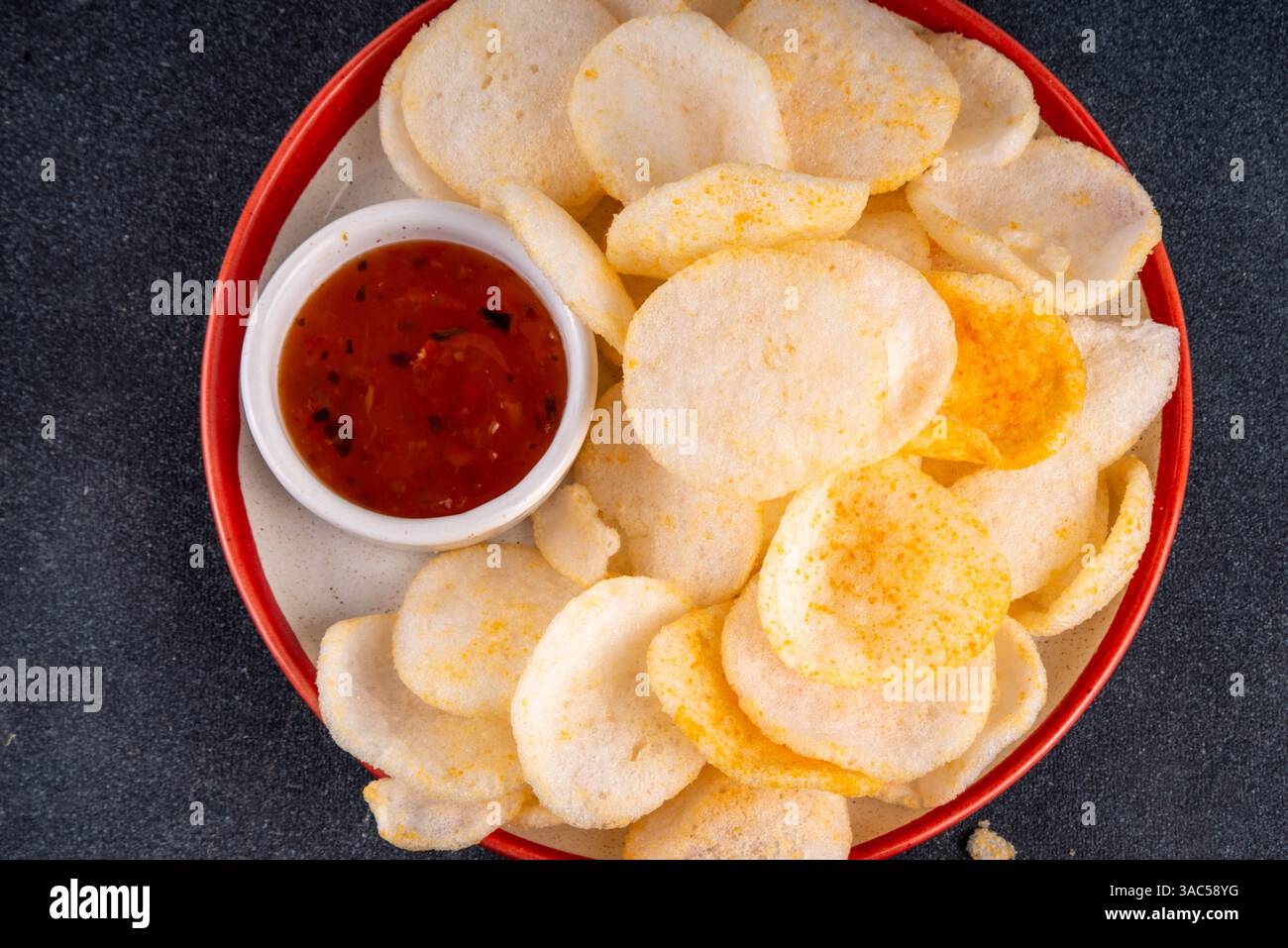 Crispy airy rice shrimp chips. Fragrant prawn crackers with sauce ...