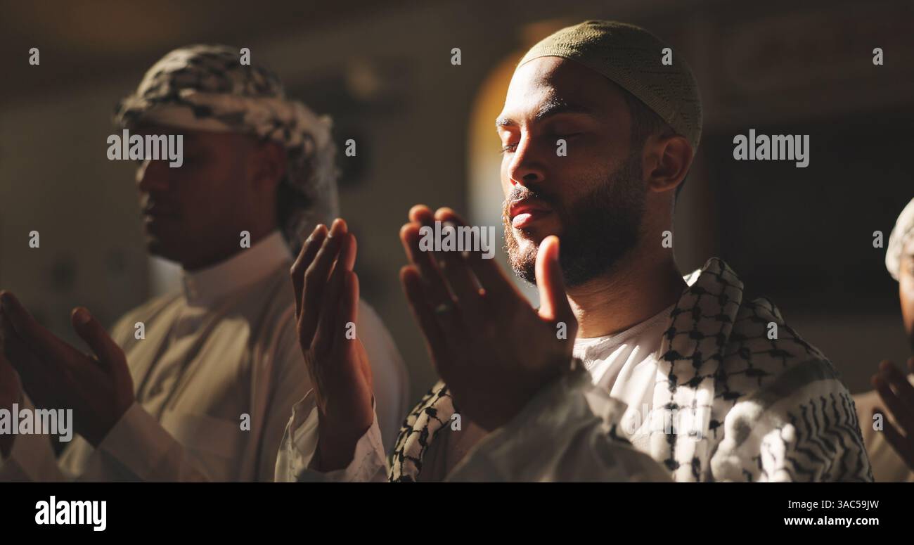 Muslim religion, dua or man praying to worship for Palestine, gratitude ...