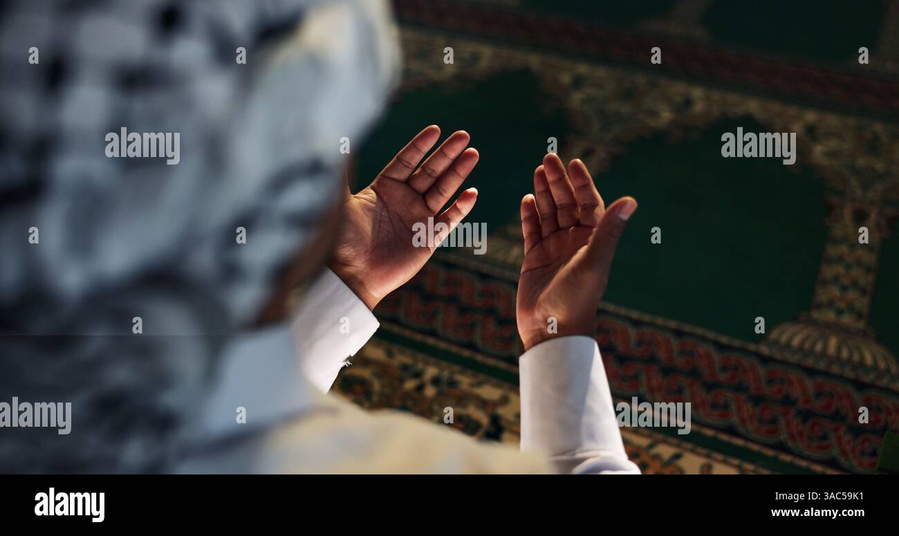 Muslim person, above or hands praying to worship for Palestine, gratitude or support to Allah in ...