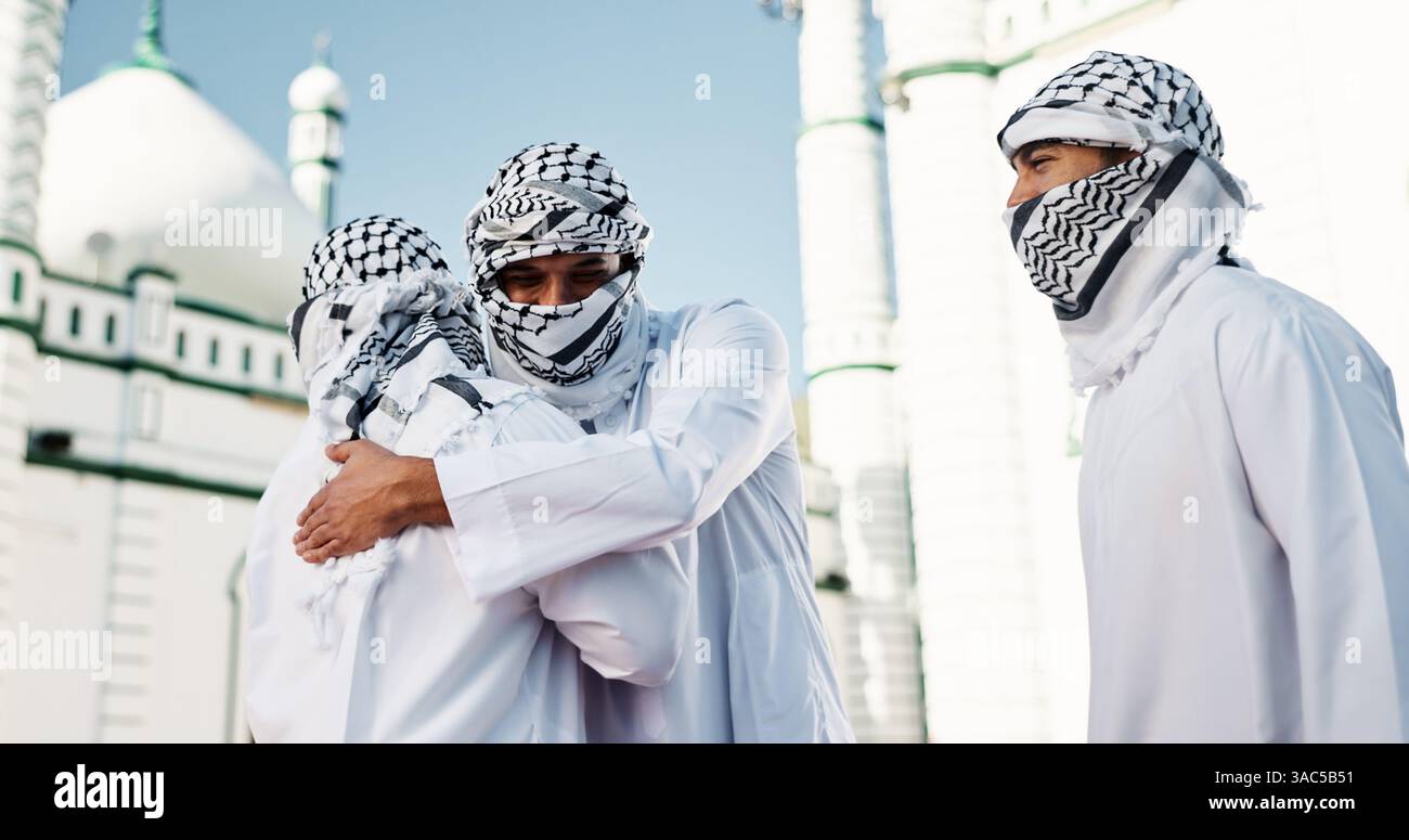 Religious, men and hug for faith, Muslim and friends with culture ...