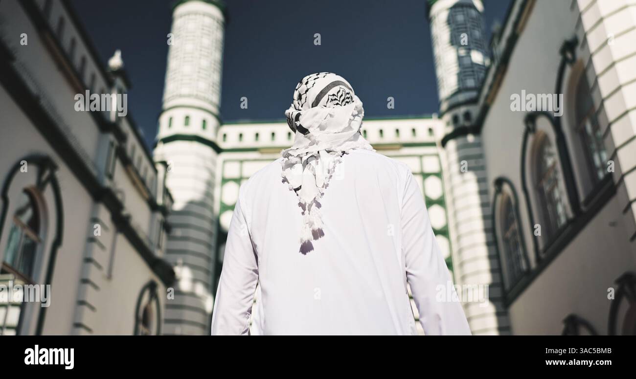 Islamic, man and mosque for faith, back and architecture for Muslim ...