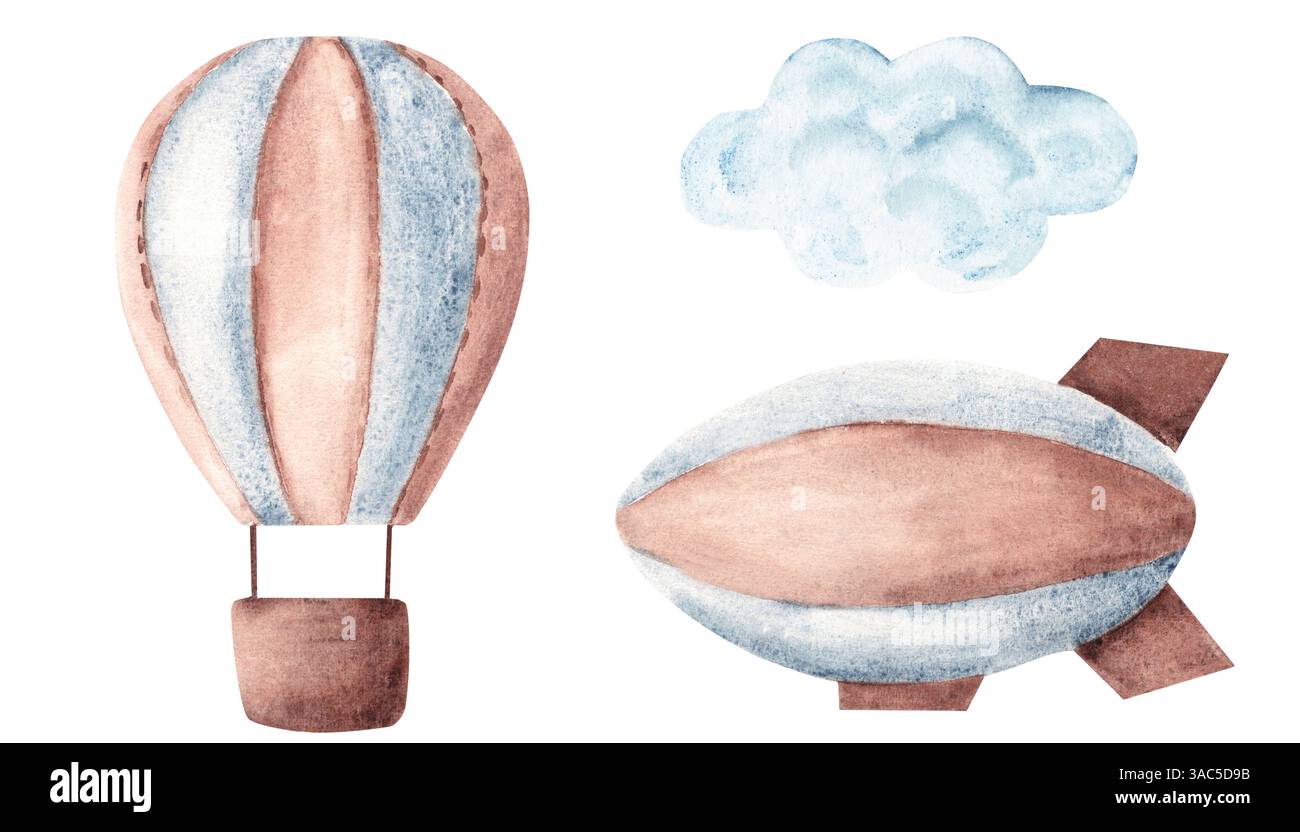 Air transport set. Airship or Dirigible and Hot Air Balloon, Cloud in ...