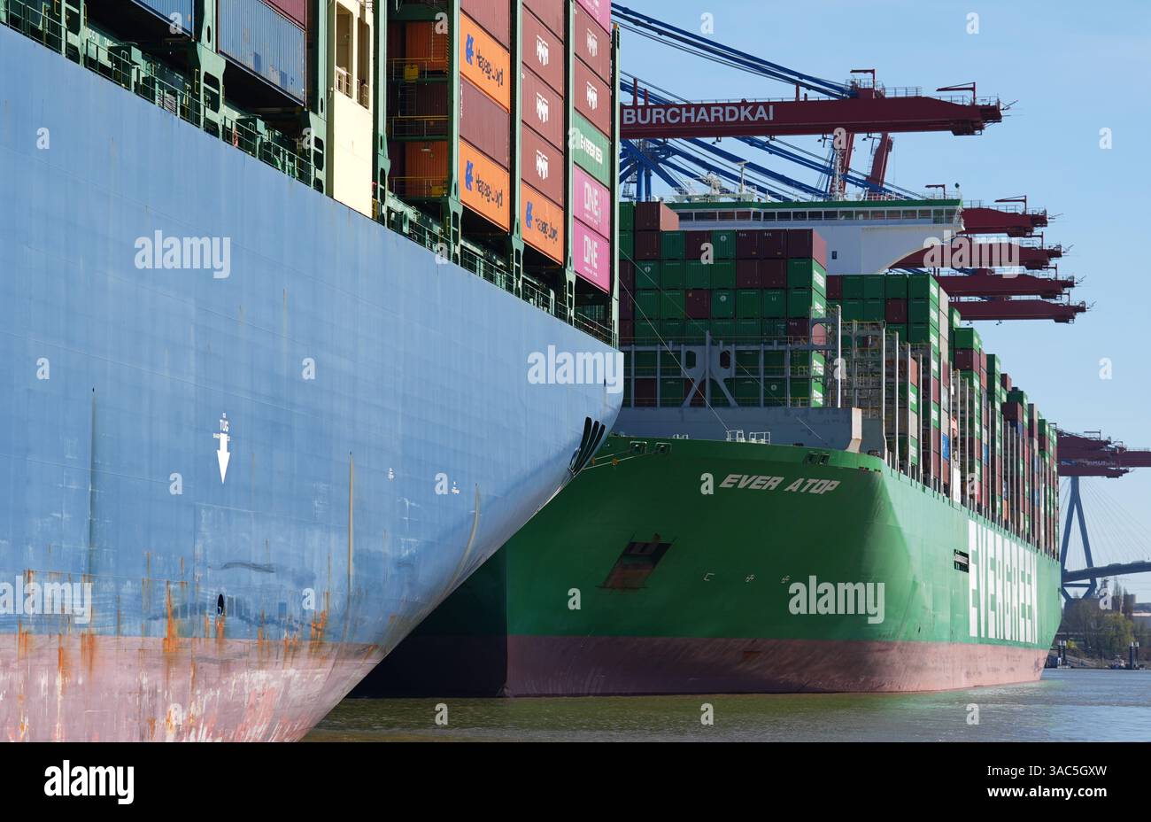 03 April 2025, Hamburg: Container ships are handled at the Container ...