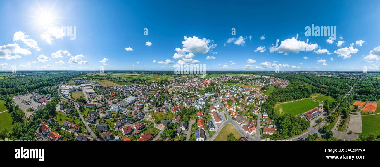 View over the Donau-Iller region around the small town of Dietenheim in ...