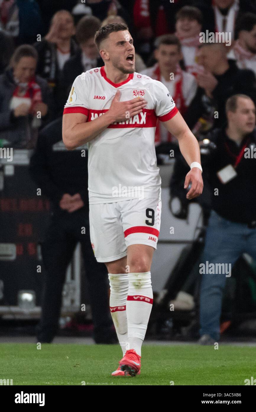 Stuttgart, Deutschland. 02nd Apr, 2025. Tor zum 2:0 durch Nick Woltemade (VfB Stuttgart, #11 ...