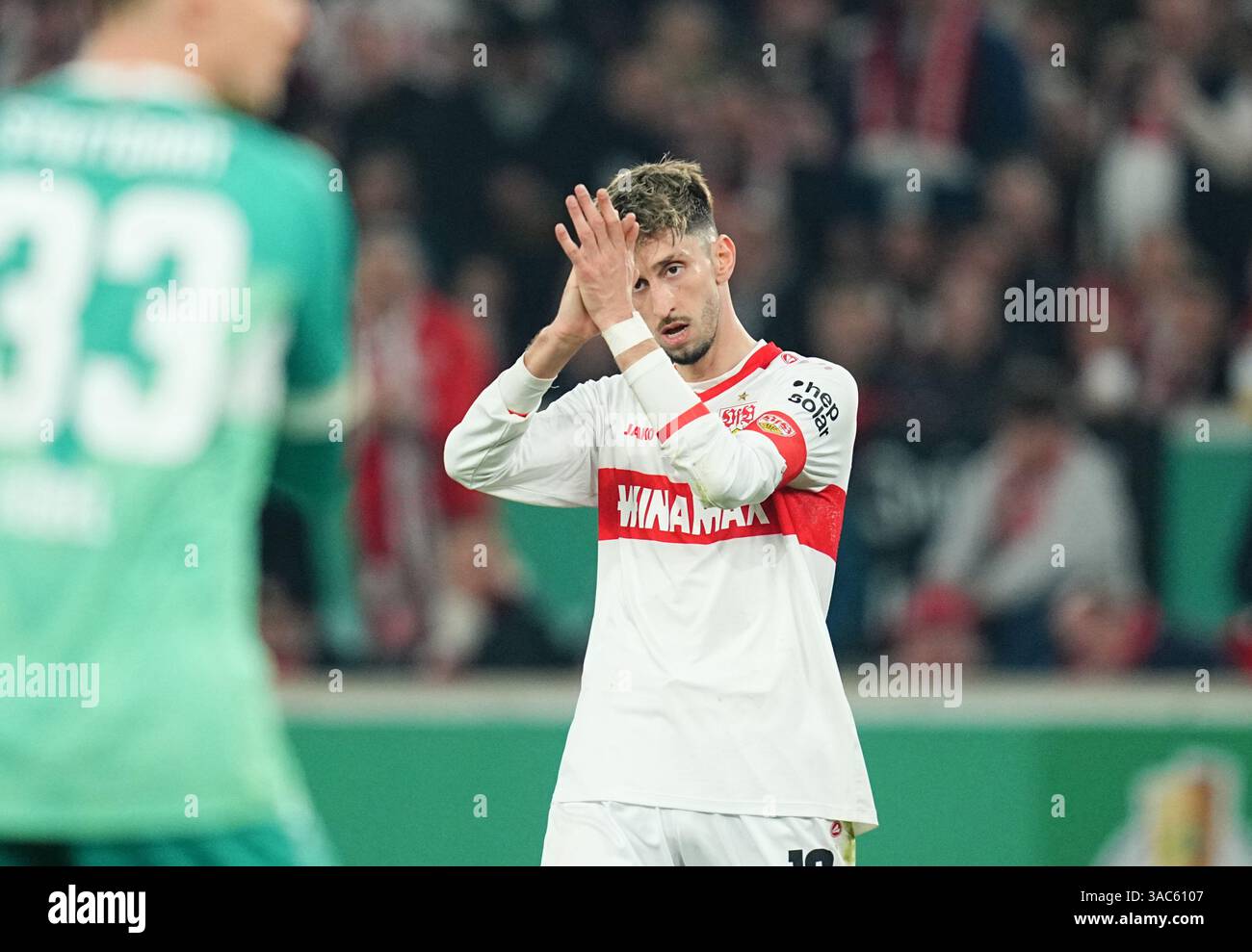 MHP Arena, Stuttgart, Germany. 02nd Apr, 2025. Atakan Karazor of VfB Stuttgart looks on during a ...