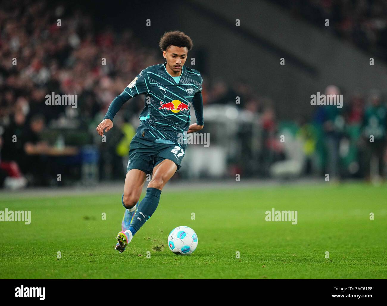 MHP Arena, Stuttgart, Germany. 02nd Apr, 2025. Tidiam Gomis of RB Leipzig controls the ball ...