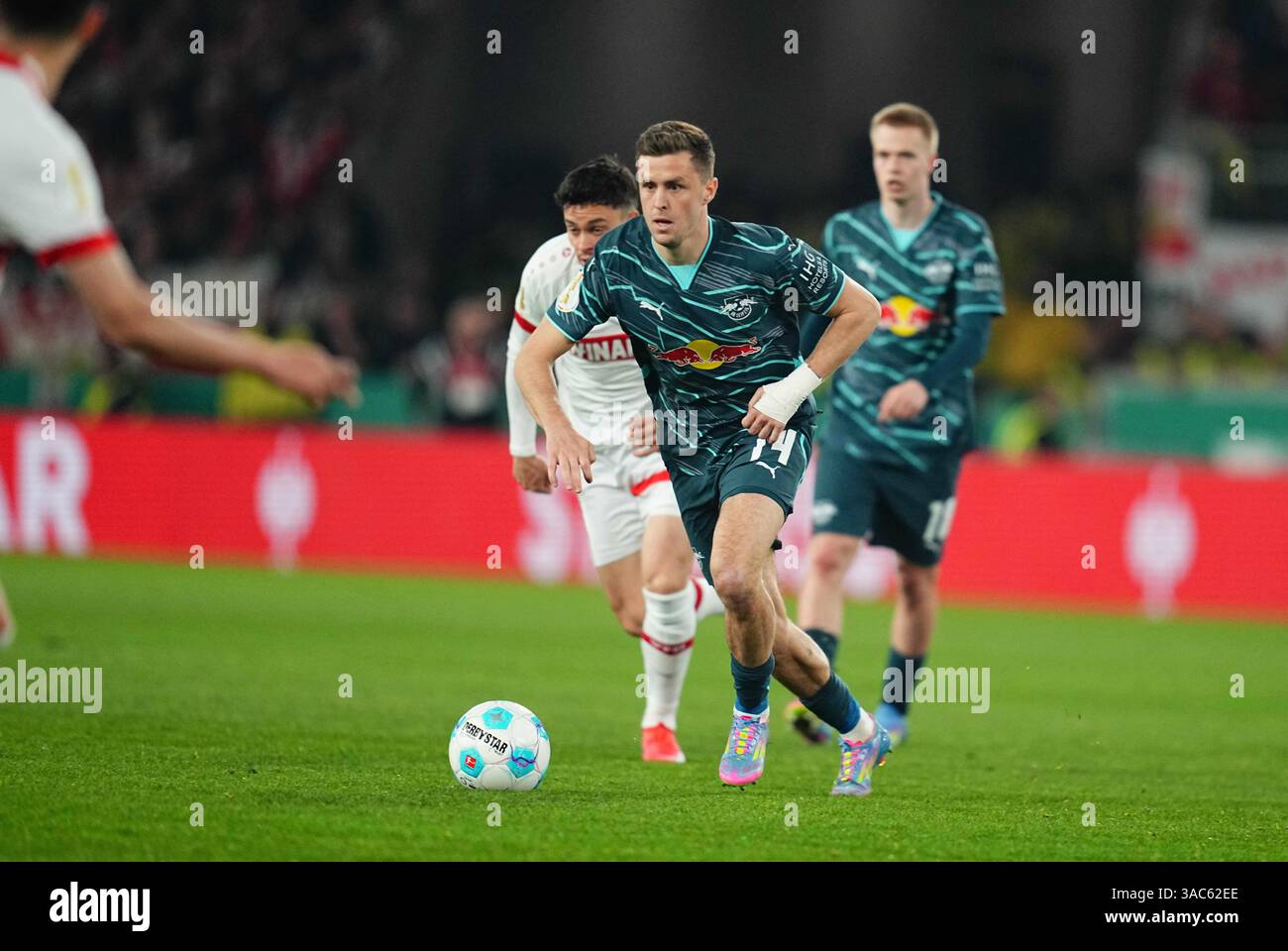 MHP Arena, Stuttgart, Germany. 02nd Apr, 2025. Christoph Baumgartner of RB Leipzig controls the ...