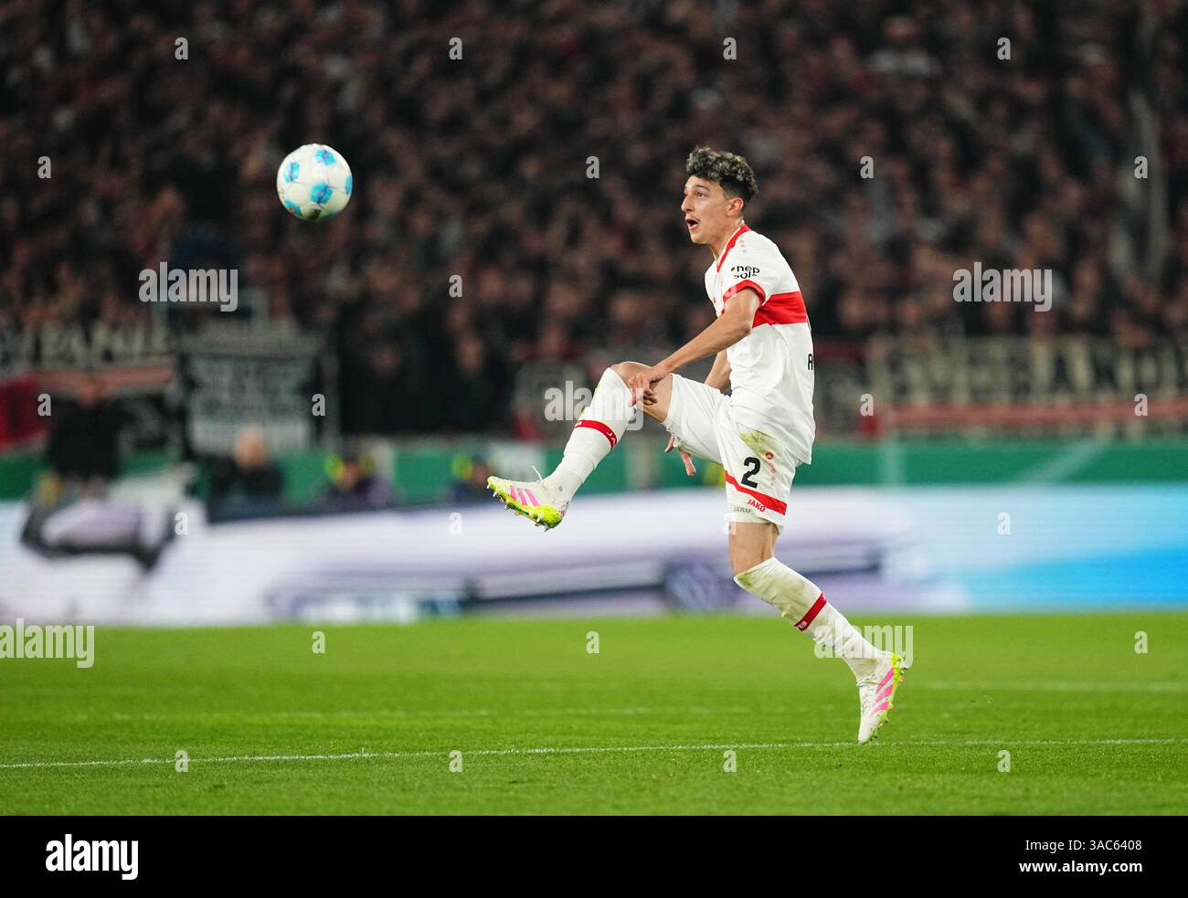 April 02 2025: Ameen Al-Dakhil of VfB Stuttgart controls the ball during a DFB Pokal Semi-final ...