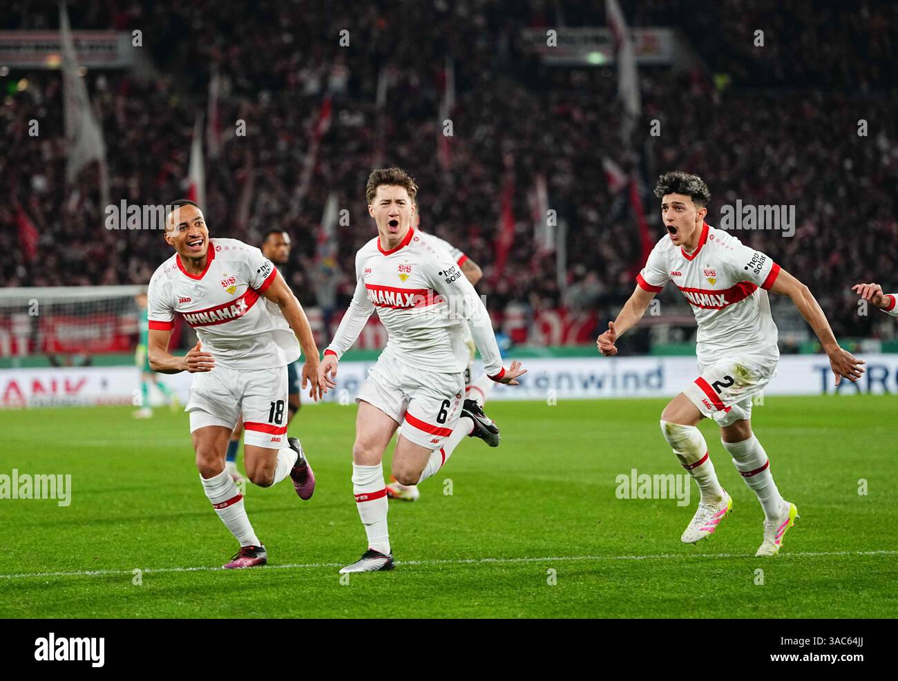 MHP Arena, Stuttgart, Germany. 02nd Apr, 2025. Angelo Stiller of VfB Stuttgart celebrate during ...