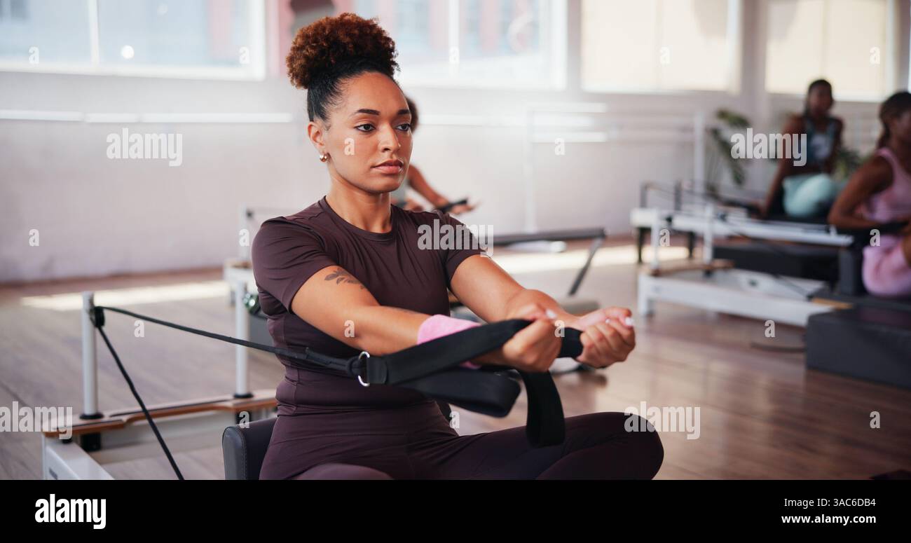 Fitness, pilates and reformer with woman in class for improvement ...
