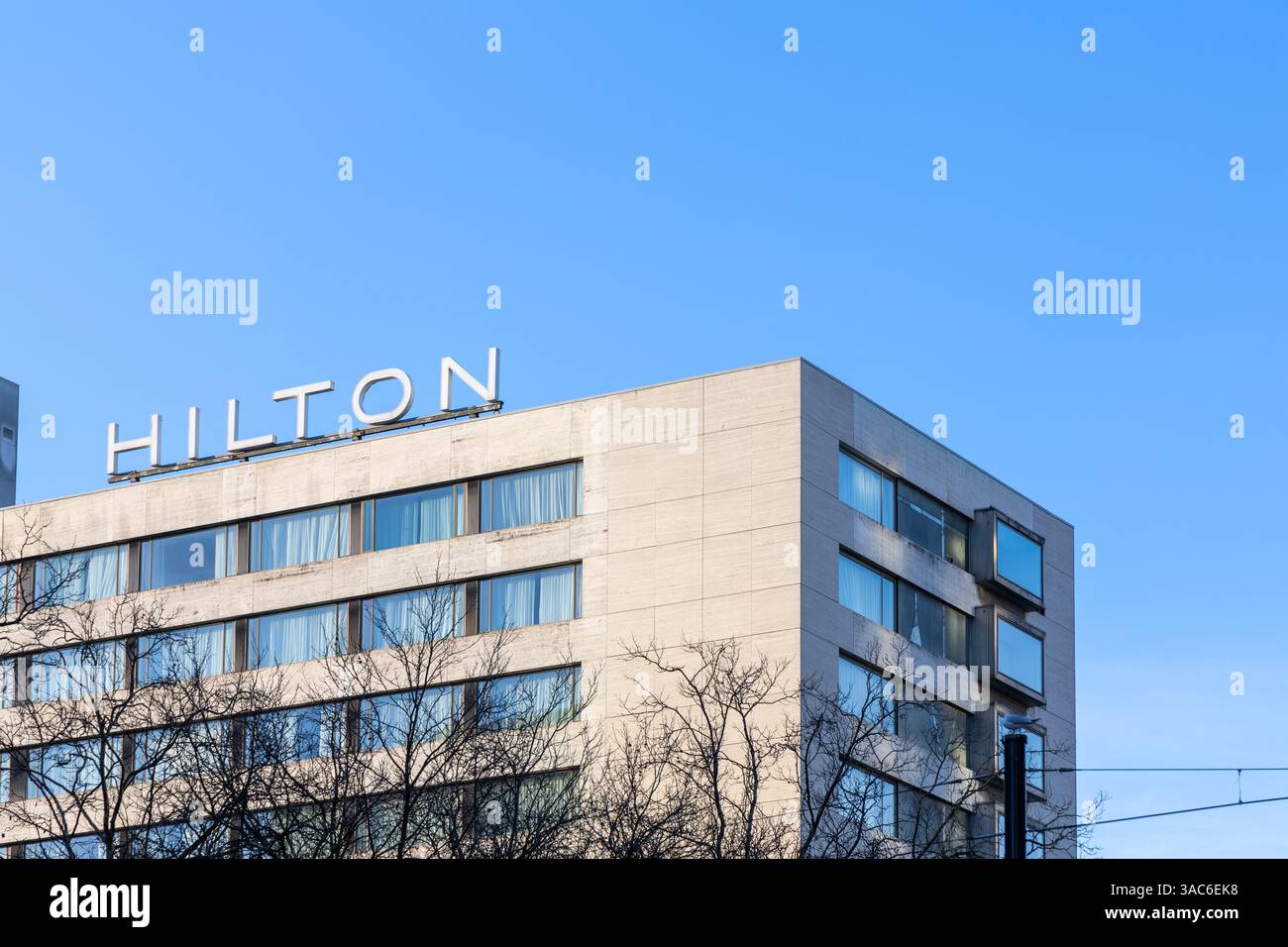 Rotterdam, the Netherlands. 02 February 2025. Hilton Hotel logo sign ...