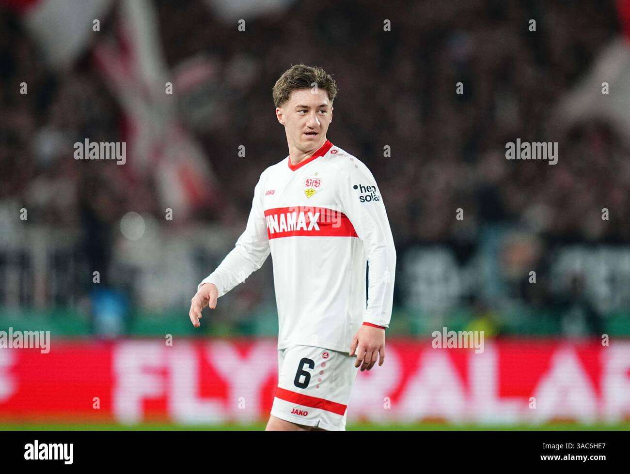 April 02 2025: Angelo Stiller of VfB Stuttgart looks on during a DFB ...