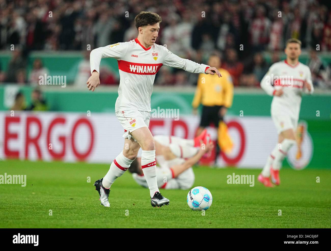 Stuttgart, Germany. 02nd Apr, 2025. April 02 2025: Angelo Stiller of VfB Stuttgart controls the ...