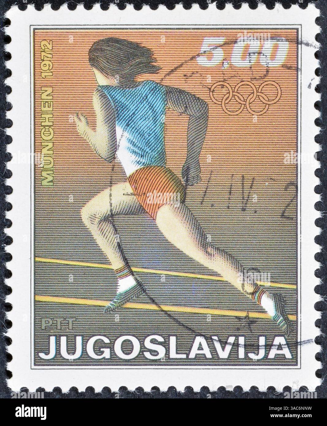 Cancelled postage stamp printed by Yugoslavia, that shows Running ...