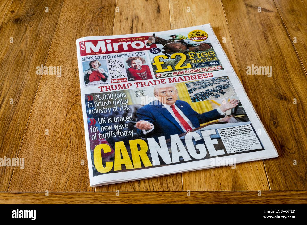 2 April 2025. Daily Mirror highlights danger to UK motor industtry from ...