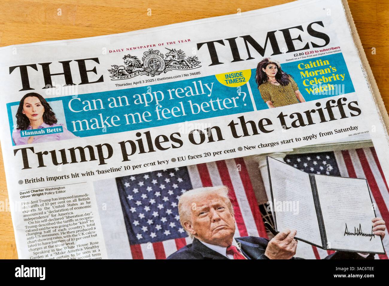 3 April 2025. Front page headline in The Times reads Trump piles on the ...