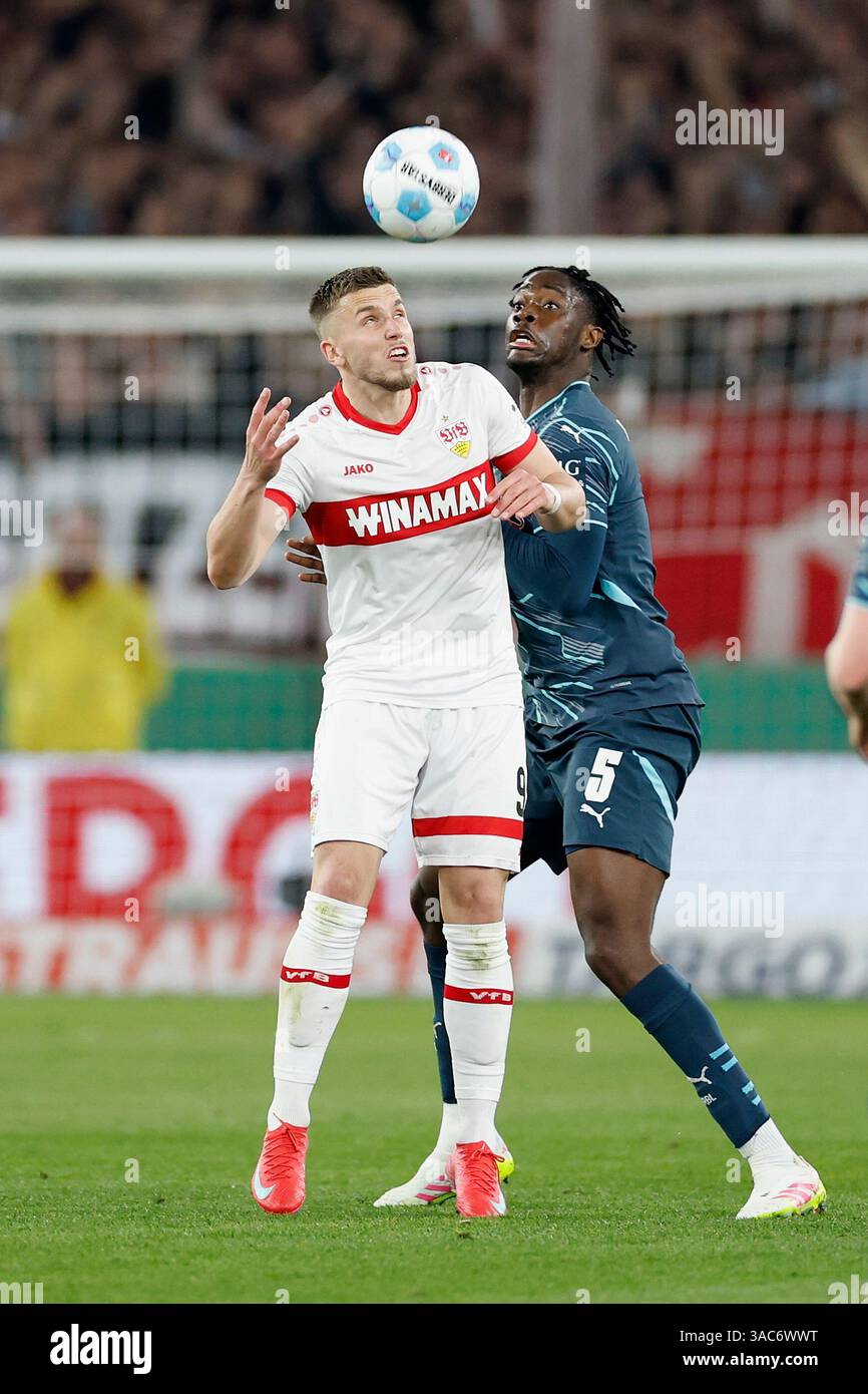 Stuttgart, Ger. 02nd Apr, 2025. Im Bild: v.l. Ermedin Demirovic (VFB Stuttgart, 9) und El ...
