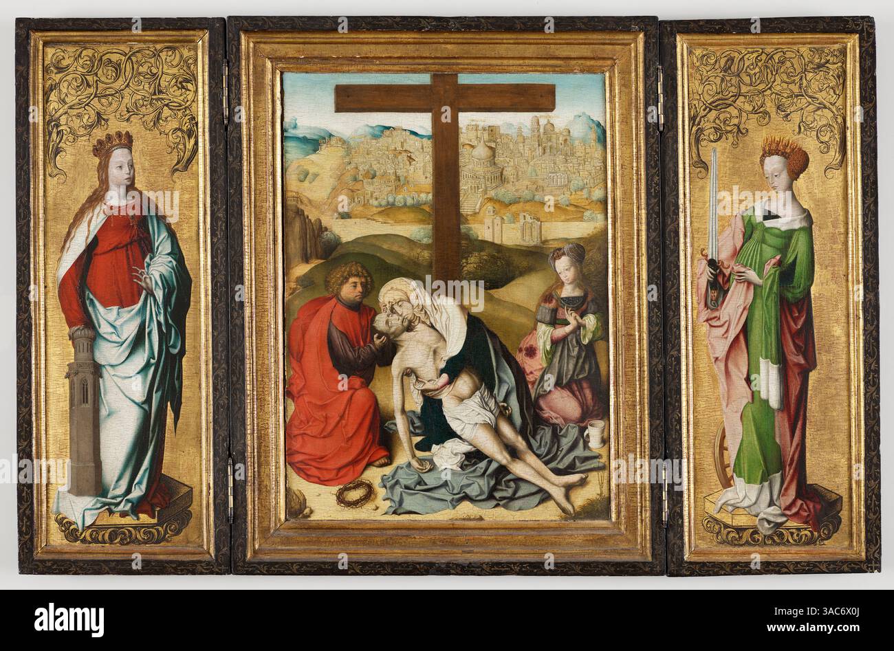 Triptych with The Lamentation of Christ (center), St. Barbara (left wing), St. Catherine of ...
