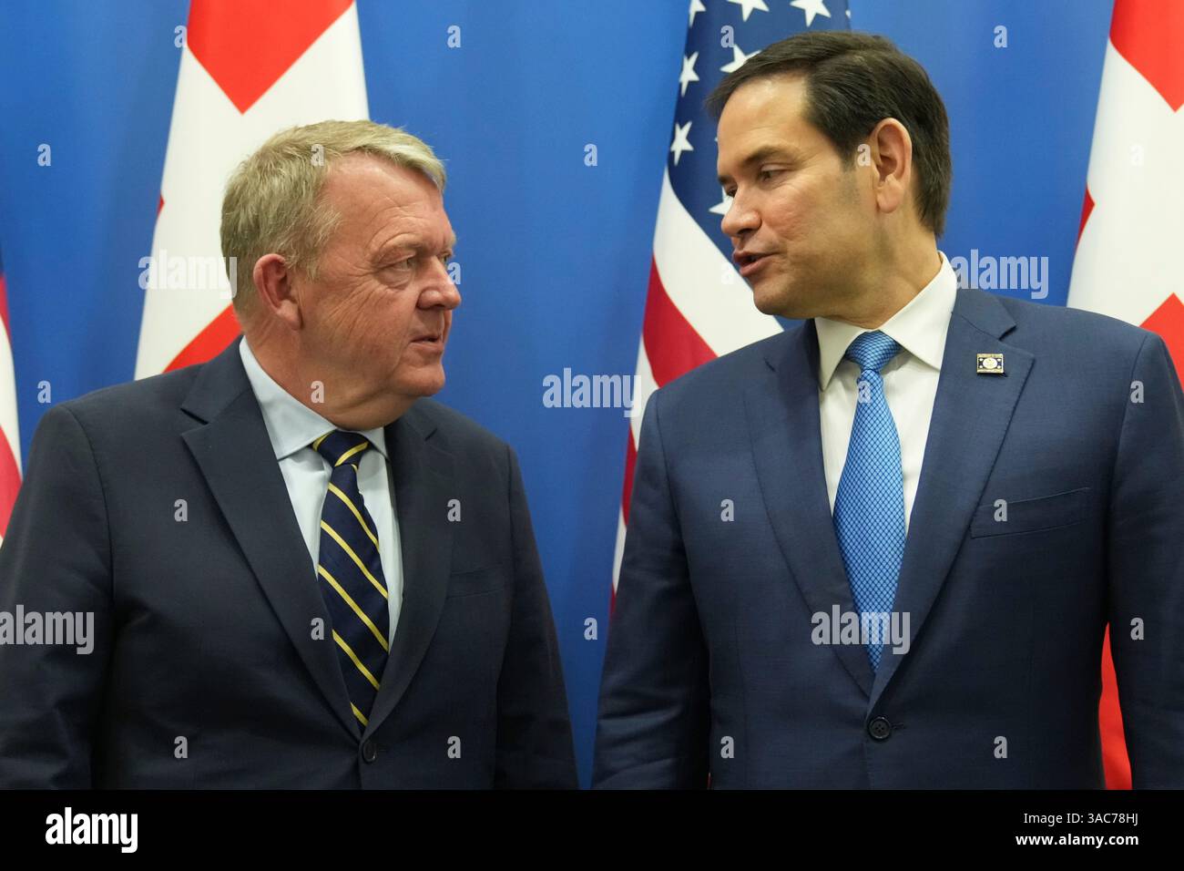 U.S. Secretary of State Marco Rubio, right, speaks with Denmark's ...