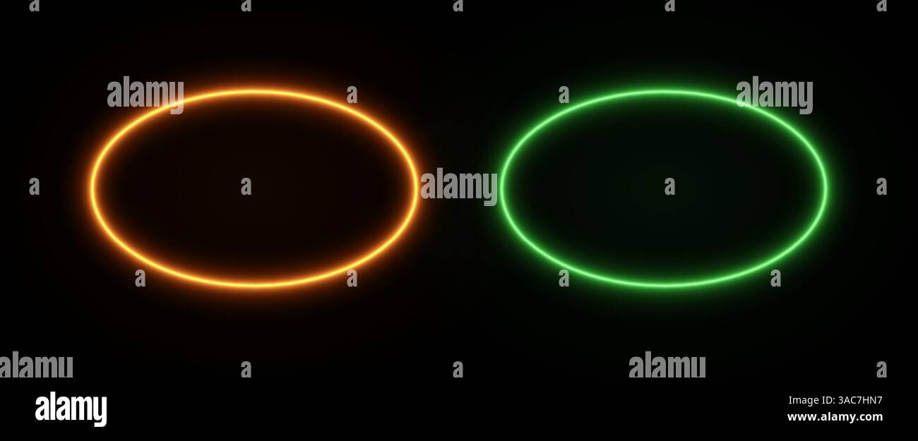 Neon light oval laser frame. Ellipse border with led glow in gold and ...