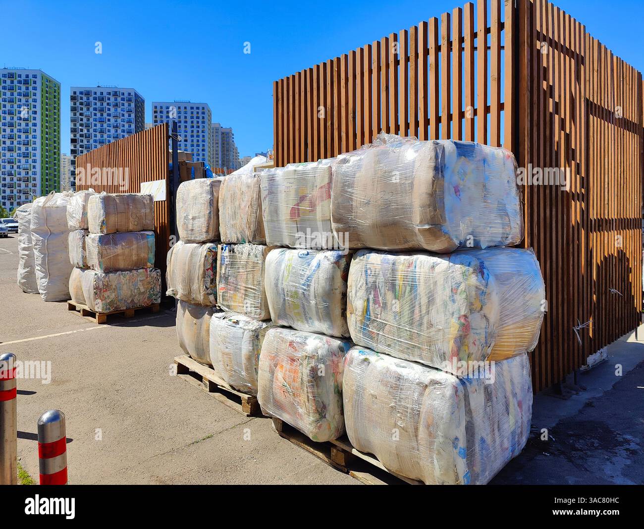 Recycling bales under a clear blue sky, showcasing ecofriendly ...