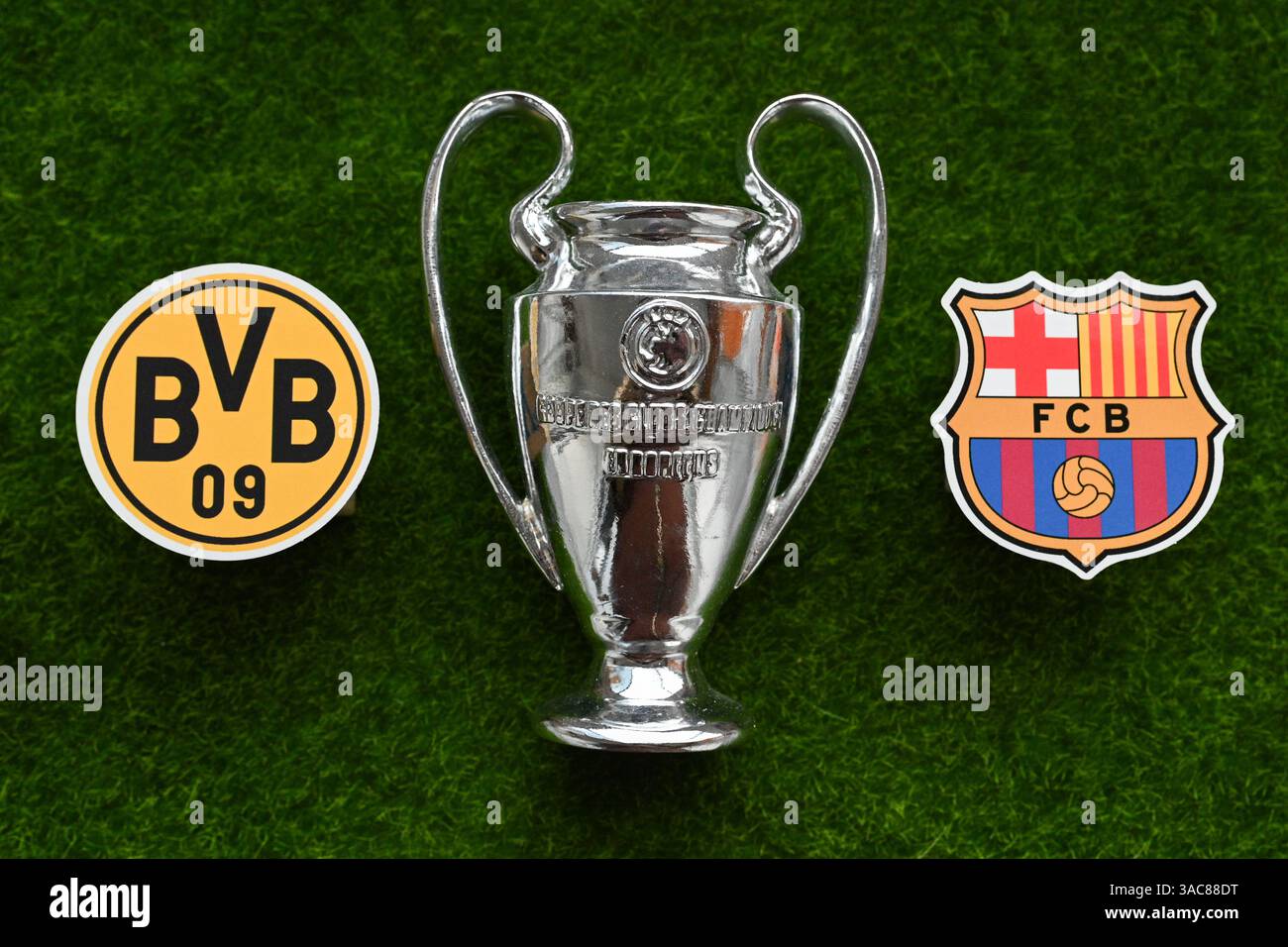 March 14, 2025, Munich, Germany. The emblems of the clubs participating ...